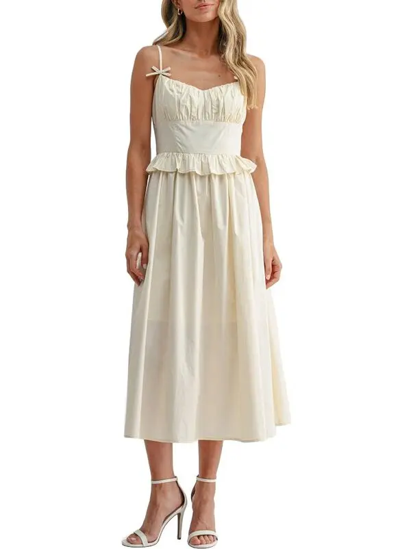 ALL IN FAVOR Cotton Midi Dress With Ruffle Waist - Ivory