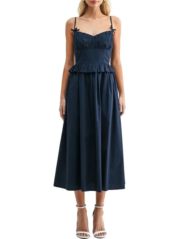 ALL IN FAVOR Cotton Midi Dress With Ruffle Waist - Navy