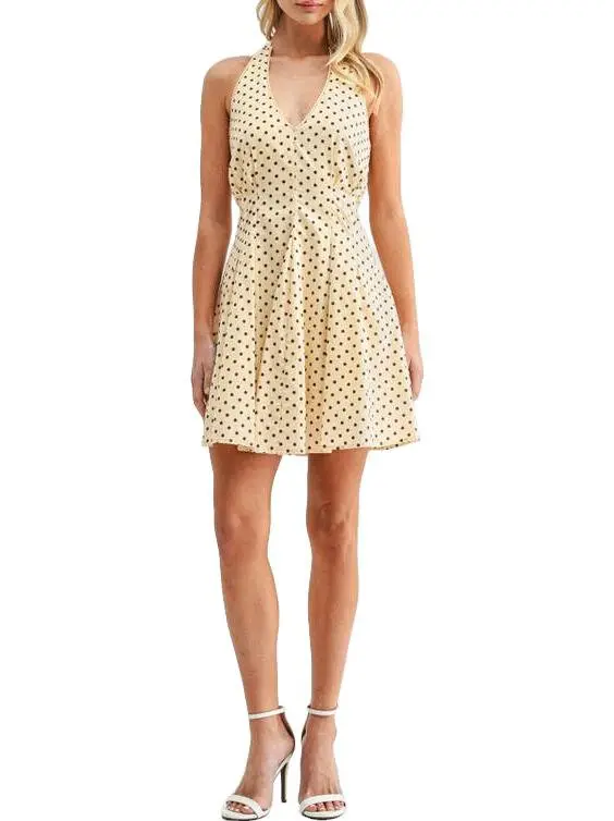 ALL IN FAVOR Polka Dot Halter Fit-and-flare Dress - Butter Brown Dot