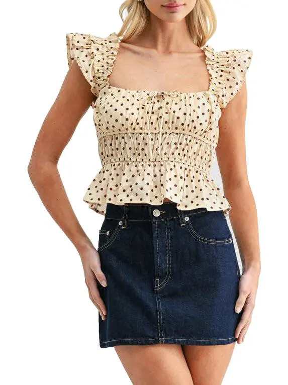 ALL IN FAVOR Polka Dot Peplum Top - Butter Brown Dot