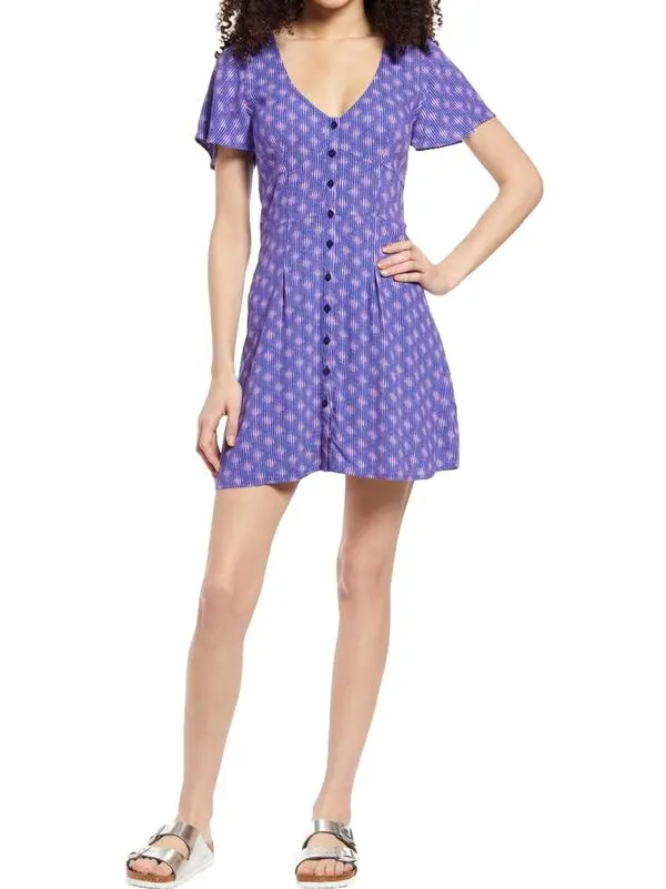 Bp. Printed Flutter Sleeve Skater Dress - Blue- Purple Noko