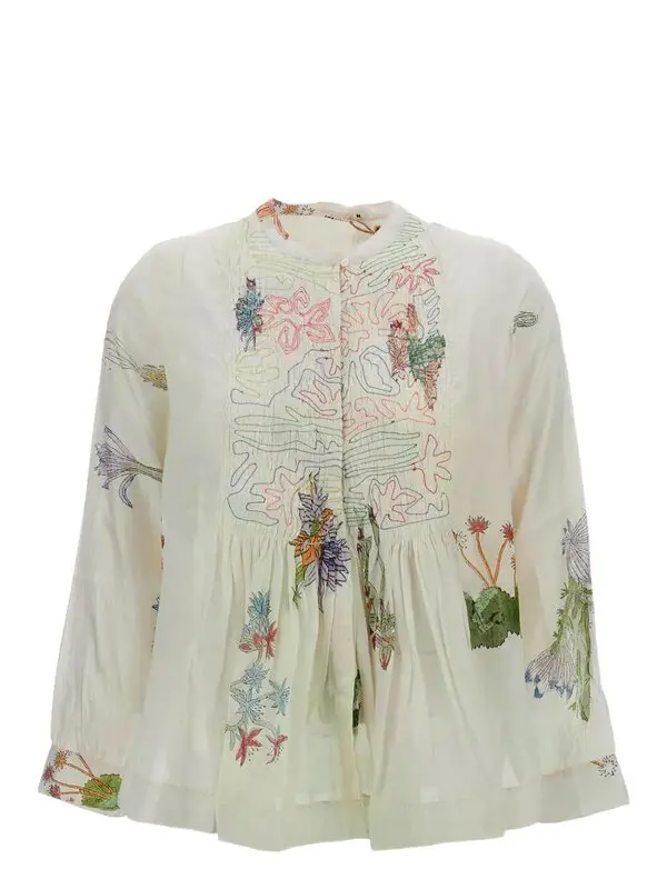 INJIRI Floral-print Embroidered Shirt - Neutrals