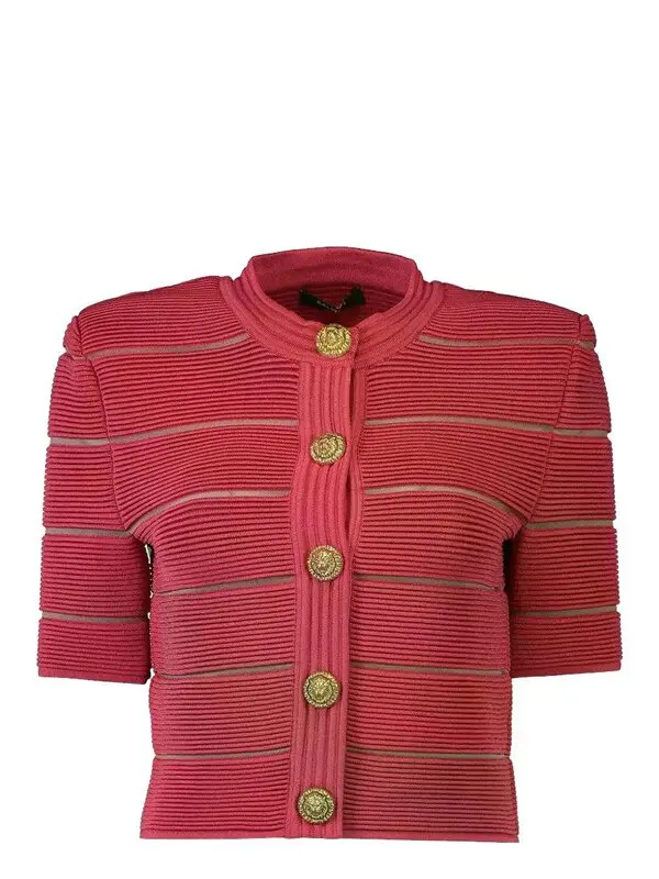 Balmain Striped Short Sleeve Cardigan - Pink