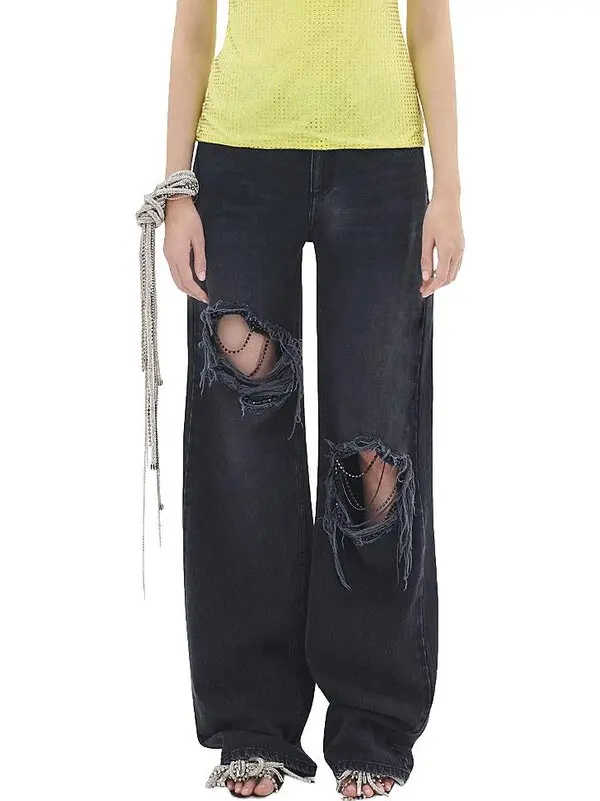 AREA Crystal Fray Relaxed Jeans - Washed Black