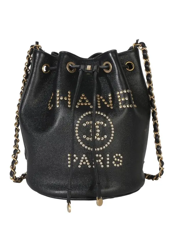Chanel Caviar Studded Deauville Drawstring Bucket Bag - Black