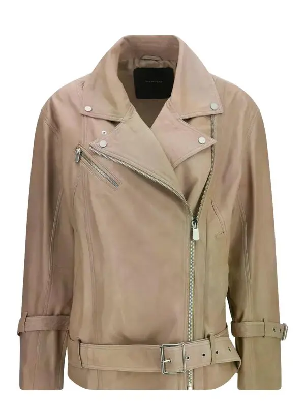 Pinko Distressed Leather Belted Biker Jacket - Neutrals