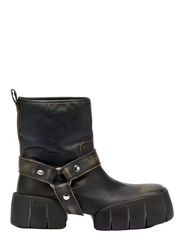 DIESEL® D-tex Leather Ankle Boots With Strap Detail - Black