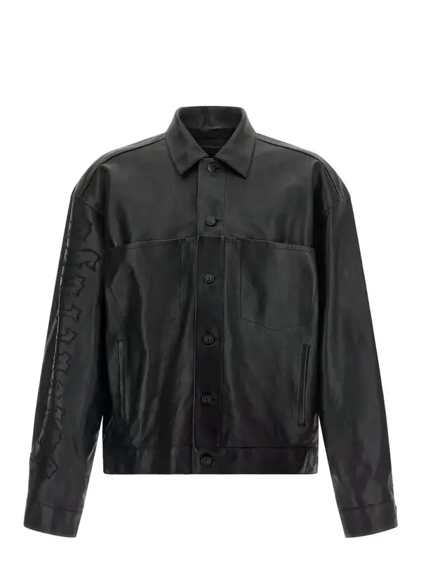 Balenciaga Gothic Denim Embroidered Leather Shirt Jacket - Black
