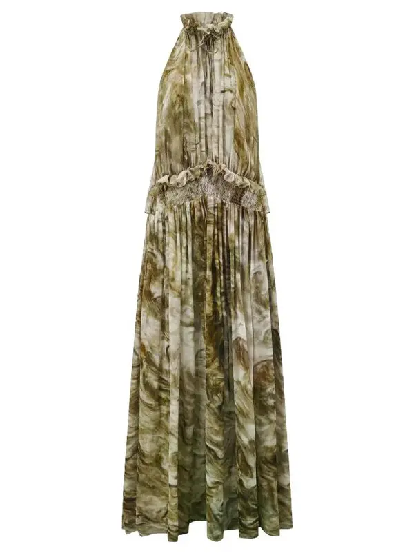 OUDE WAAG Marble-print Ruffled Dress - Green