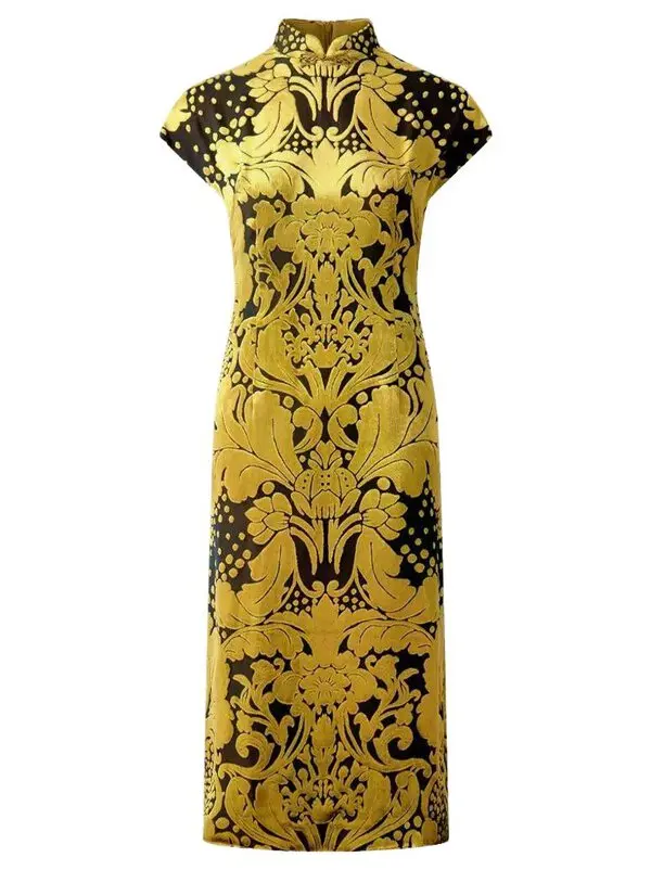 Shanghai Tang Velvet-devoré Qipao Dress - Yellow