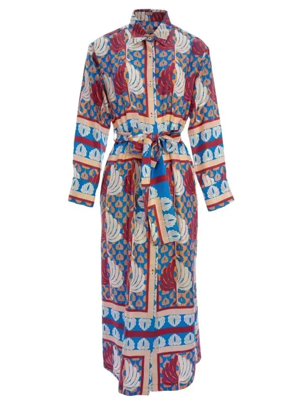 ODEEH Graphic-print Belted Shirt Midi Dress - Blue