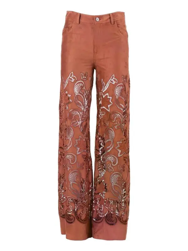 ERMANNO FIRENZE Cut-out Lace-embroidered Trousers - Brown