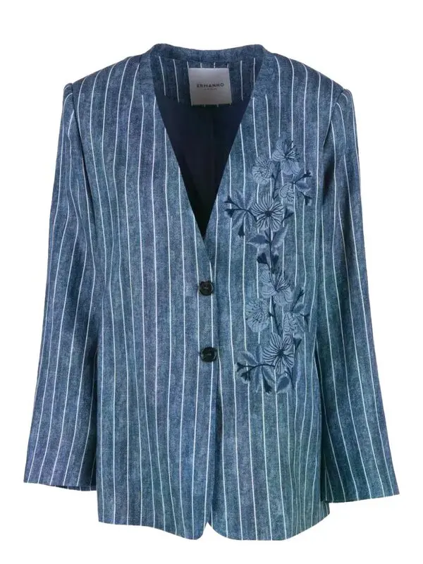 ERMANNO FIRENZE Pinstripe Blazer With Floral Embroidery - Blue