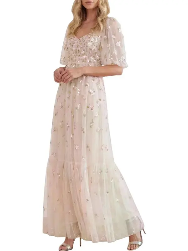 NEEDLE & THREAD Meadow Ditsy Embroidered Gown - Neutrals