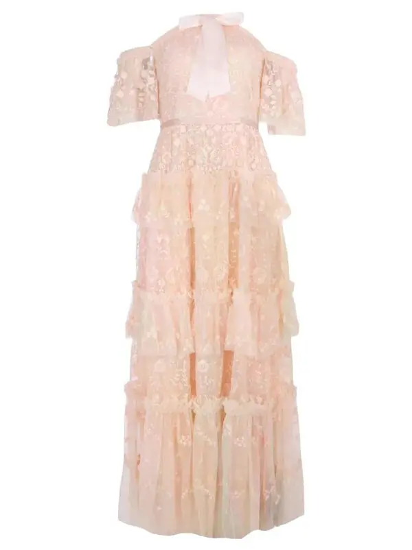 NEEDLE & THREAD Primrose Floral-embroidered Tiered Gown - Pink