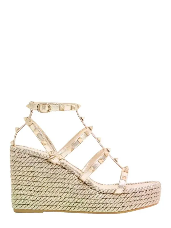 Valentino Garavani Rockstud Laminated Nappa Wedge Sandals - Gold