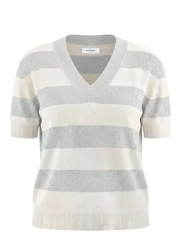 GRAN SASSO Striped Short-sleeve V-neck Top - Neutrals