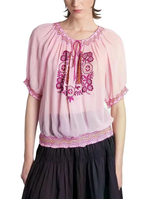 Antik Batik Delia Embroidered Smocked Blouse - Pink