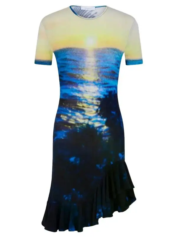 Rabanne Sunset-print Mini Dress With Ruffled Trim - Blue