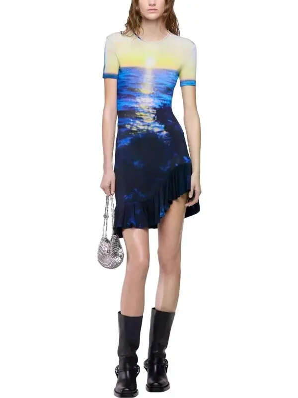 Rabanne Sunset-print Mini Dress With Ruffled Trim - Blue