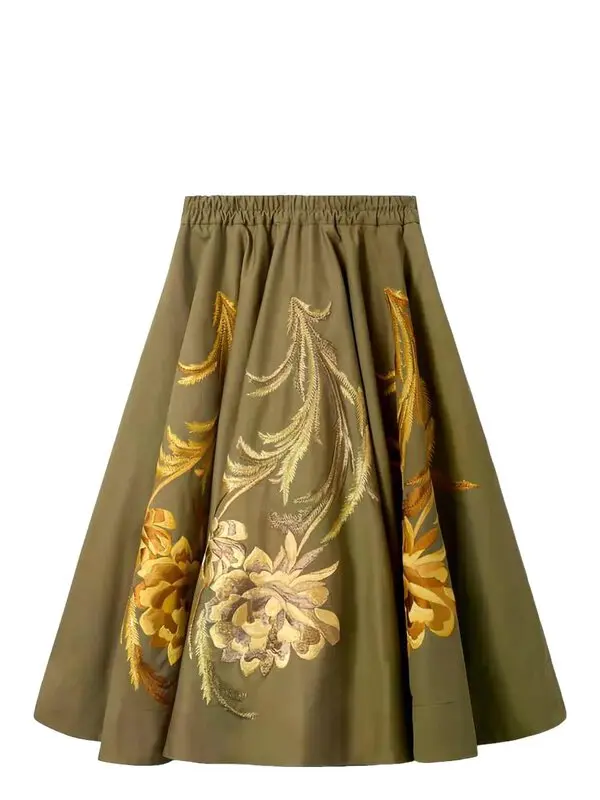 La DoubleJ Floral-embroidered Flared Skirt - Green