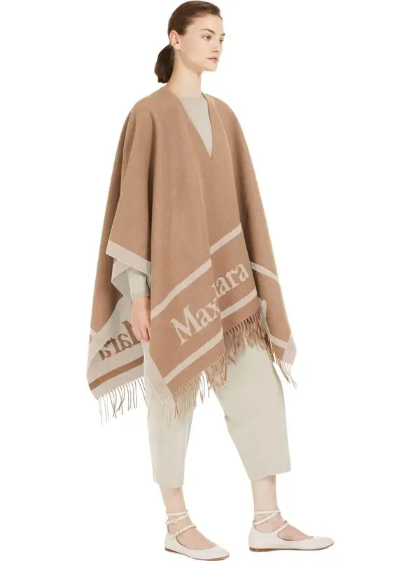 Max Mara Jacquard Wool Poncho With Fringe - Camel