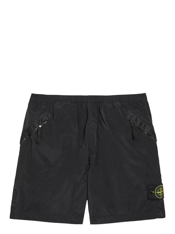 Stone Island Logo Crinkled Nylon Shorts - Black