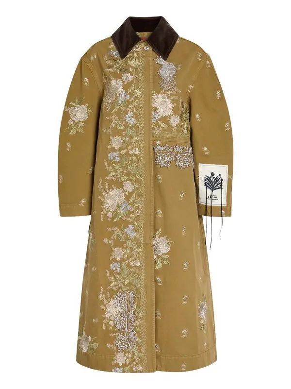 Erdem Embroidered And Embellished Denim Overcoat - Camel