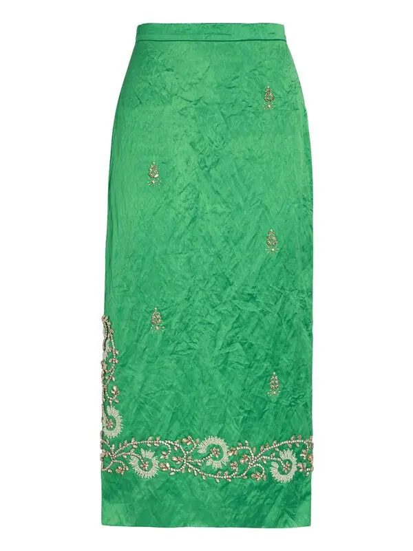 Erdem Embellished Crinkled Satin Midi Pencil Skirt - Green