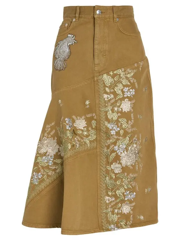 Erdem Floral-embroidered Denim Midi Skirt - Camel