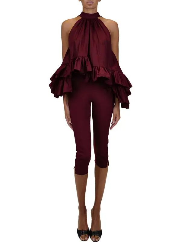 Azeeza Plath Poplin Asymmetric Ruffle Halter Top - Red
