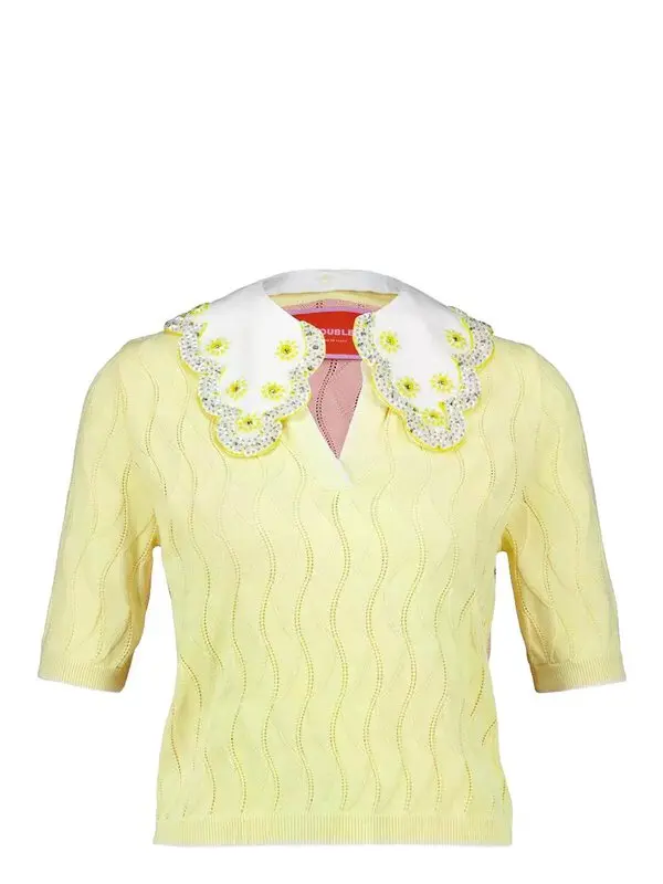 La DoubleJ Pointelle-knit T-shirt With Embroidered Collar - Yellow