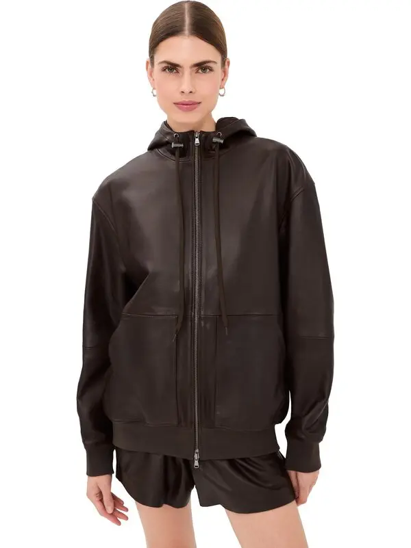 Tibi Leather Zip-up Hoodie Jacket - Brown