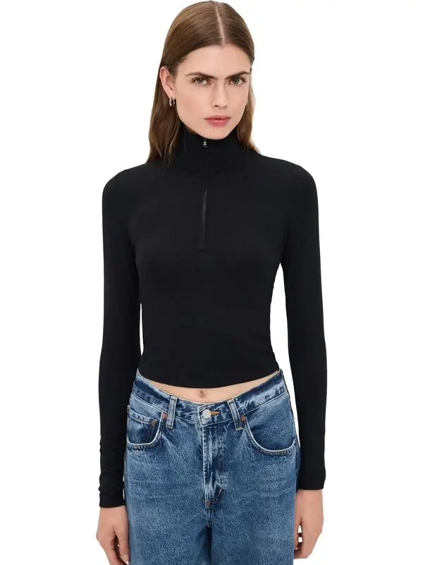 JAMES PERSE Cropped Half Zip Long Sleeve Top - Black