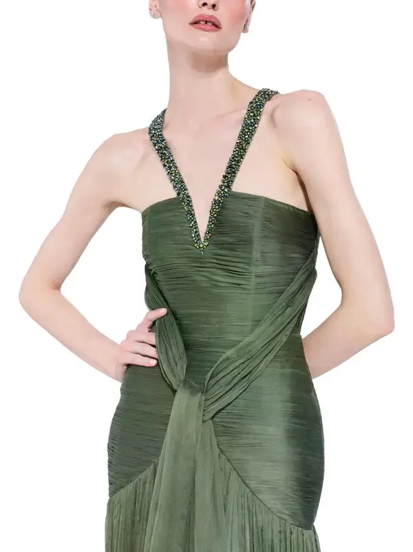M.MARQUISE Karla Bead-embellished Ruched Dress - Green