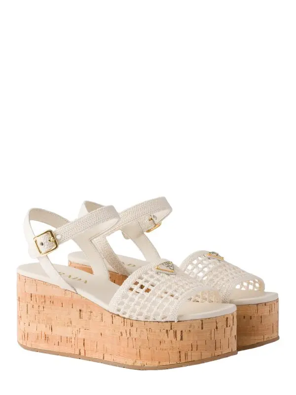 Prada Crochet Wedge Platform Sandals - Ivory