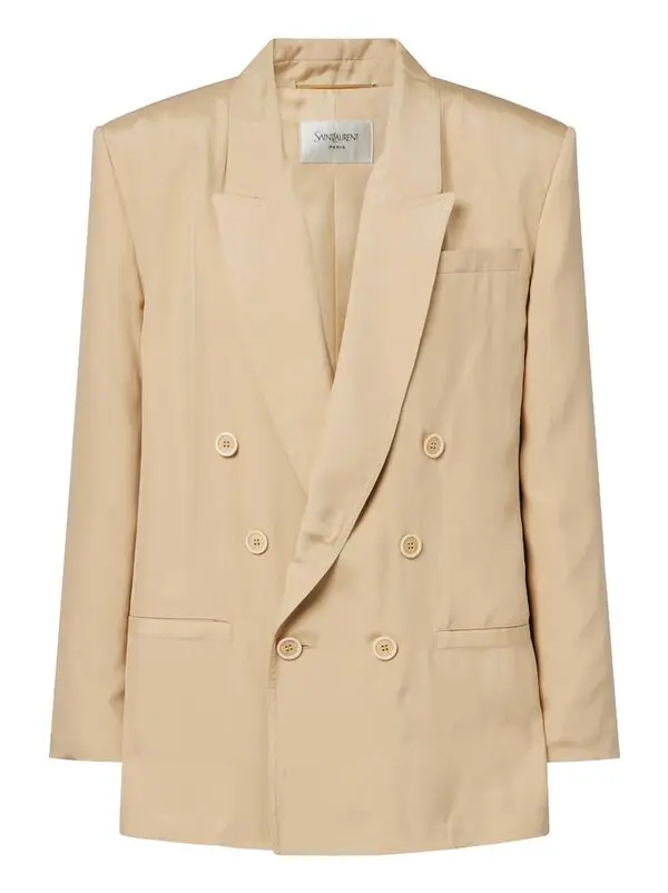 Saint Laurent Double-breasted Silk Blazer - Beige
