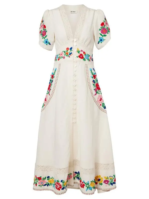 Rixo Novara Embroidered Linen-blend Maxi Dress - White
