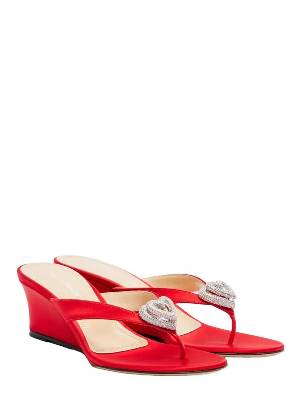 Mach & Mach Double Heart Embellished Wedge Thong Sandals - Red