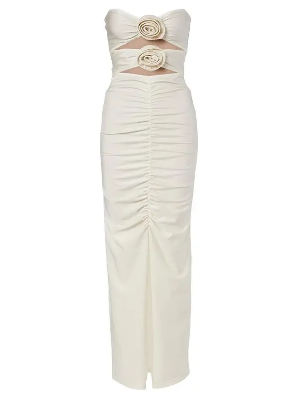 ADRIANA DEGREAS Cutout Floral-appliqué Ruched Midi Dress - White