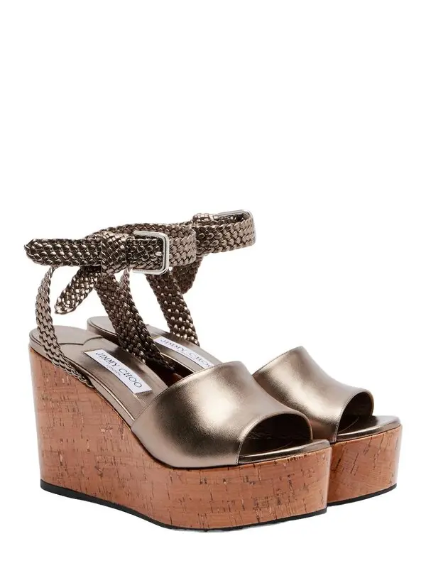 JIMMY CHOO Jory Metallic Leather Wedge Sandals - Grey