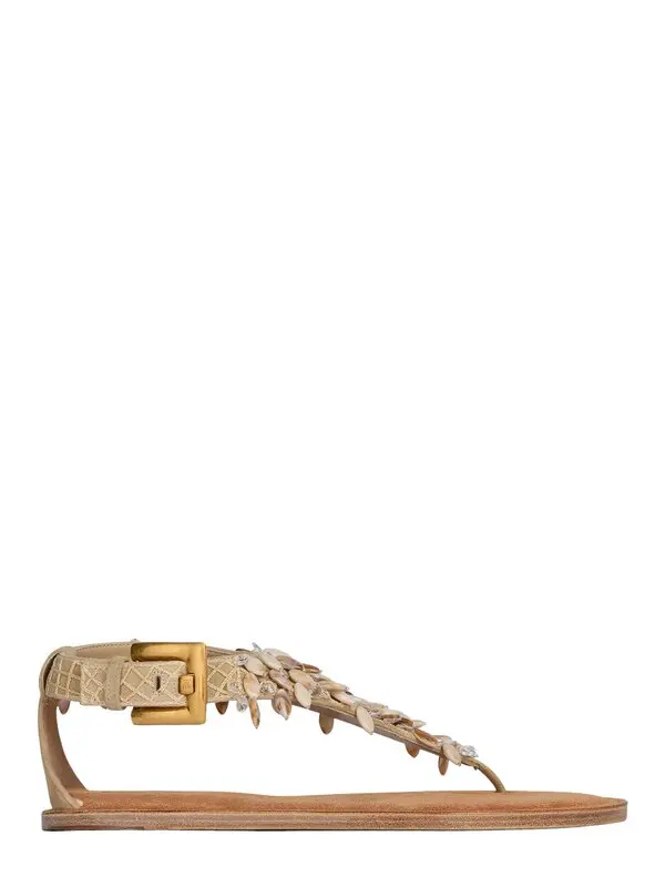 Balmain Flat Sandals In Suede, Cotton And Beads - Beige