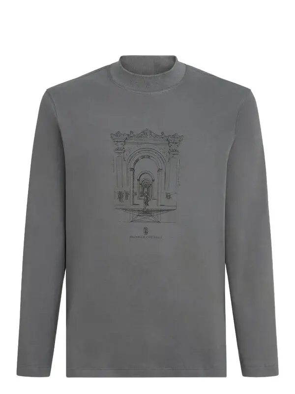 Brunello Cucinelli Cotton Interlock Long-sleeve T-shirt With Mock-neck And Print - Grey