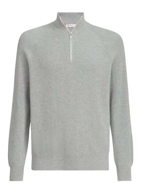 Brunello Cucinelli Cotton English Rib Sweater With Half Zip - Grey