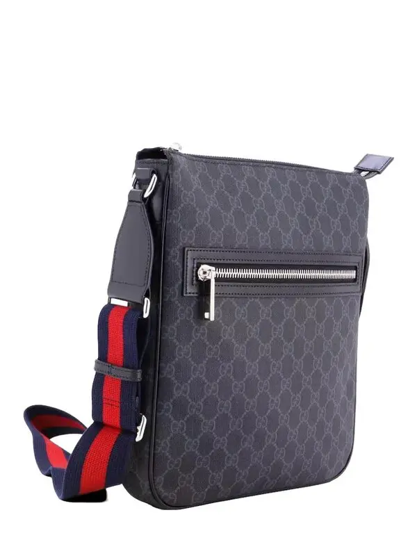 Gucci Web Strap Front Zip Messenger Bag Gg Coated Canvas - Black