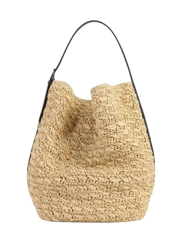 TOTEME Crochet Raffia Shoulder Bag With Leather Trim - Beige