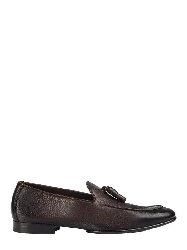 DOUCAL'S Hammered Leather Loafer With Tassels - Dark
