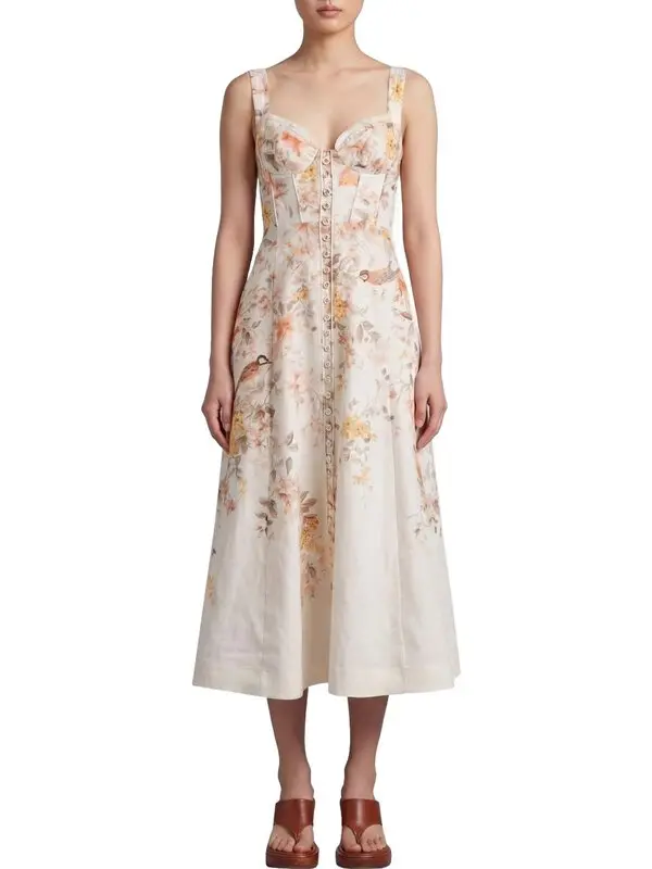 Zimmermann Printed Linen Midi Dress - Nude