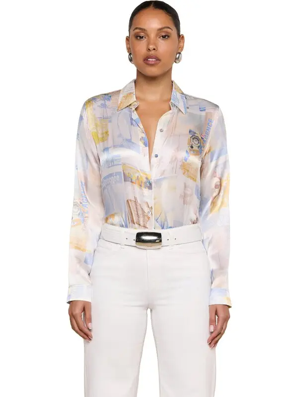 L'Agence Tyler Silk Blouse Top - Skyway Multi Malibu Post Card