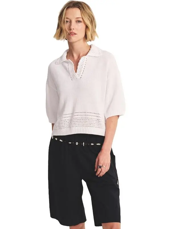 Velvet By Graham & Spencer Winslow Pointelle Cotton Polo Sweater - White